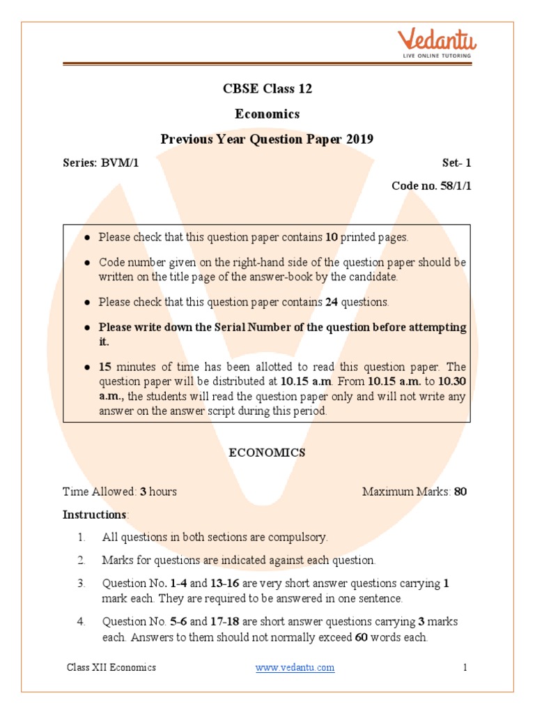 CBSE Class 12 Economics Question Paper 2019 PDF | PDF | Finance & Money ...