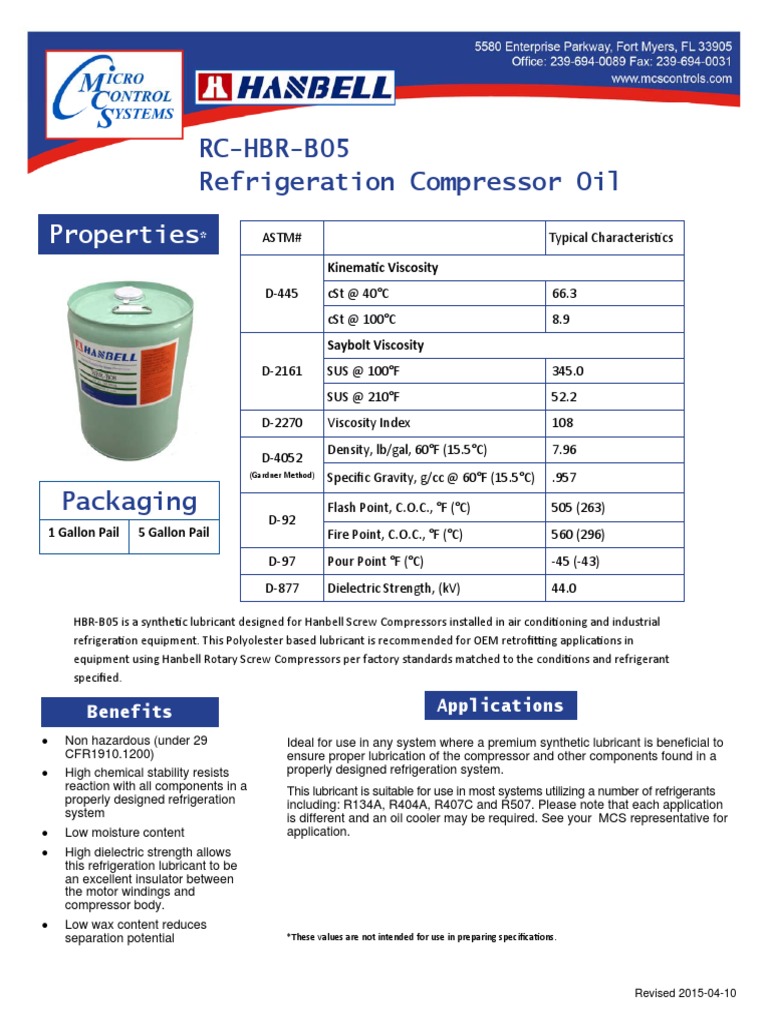 Hanbell Lubricant Spec Sheet HBR-B05 | PDF | Viscosity | Lubricant