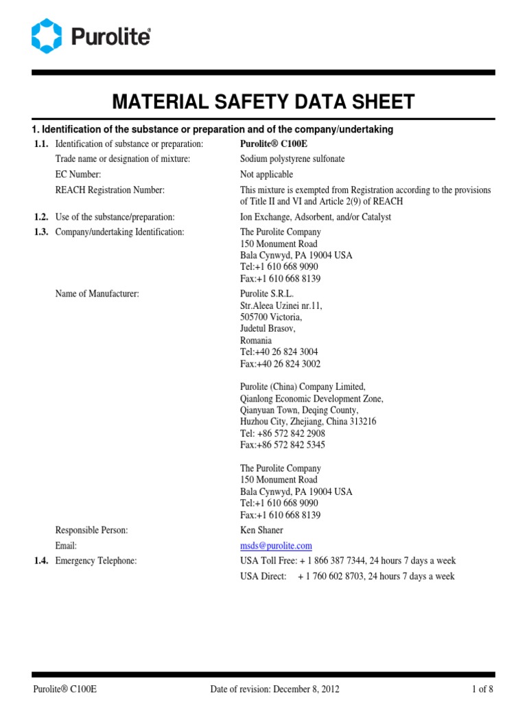 MSDS - Purolite C100E | PDF | Personal Protective Equipment | Safety