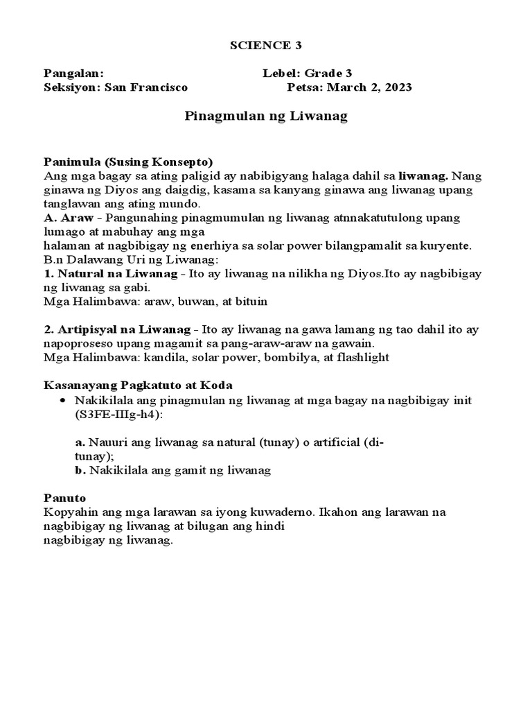 Sample Template For Learner Activity Sheet (LAS) - TAGALOG) | PDF