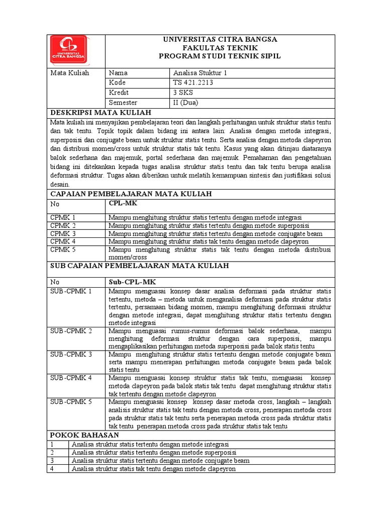 Silabus RPS Anlisa Struktur 1 genap 2020-2021 | PDF