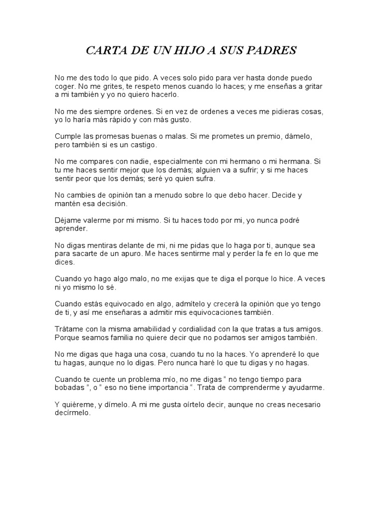 Carta de Un Hijo A Sus Padres | PDF