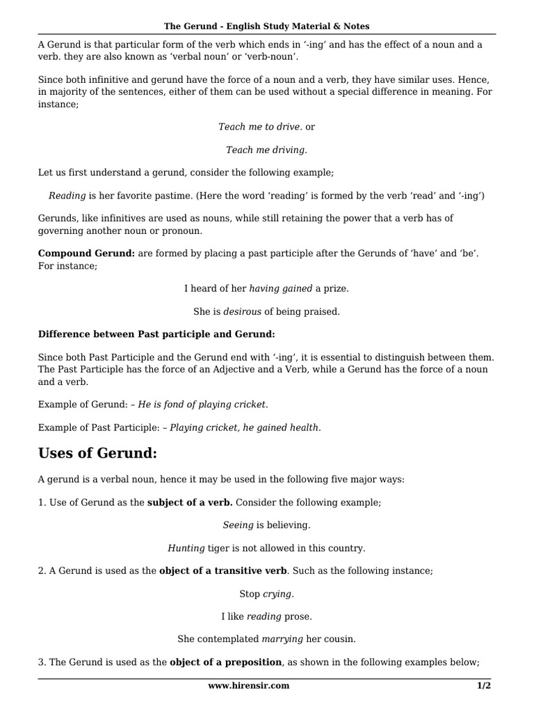 Gerund English Study Material Notes | Download Free PDF | Verb | Noun