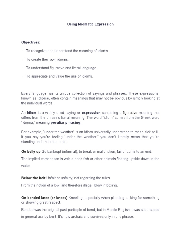 Using Idiomatic Expression Pdf Idiom English Language