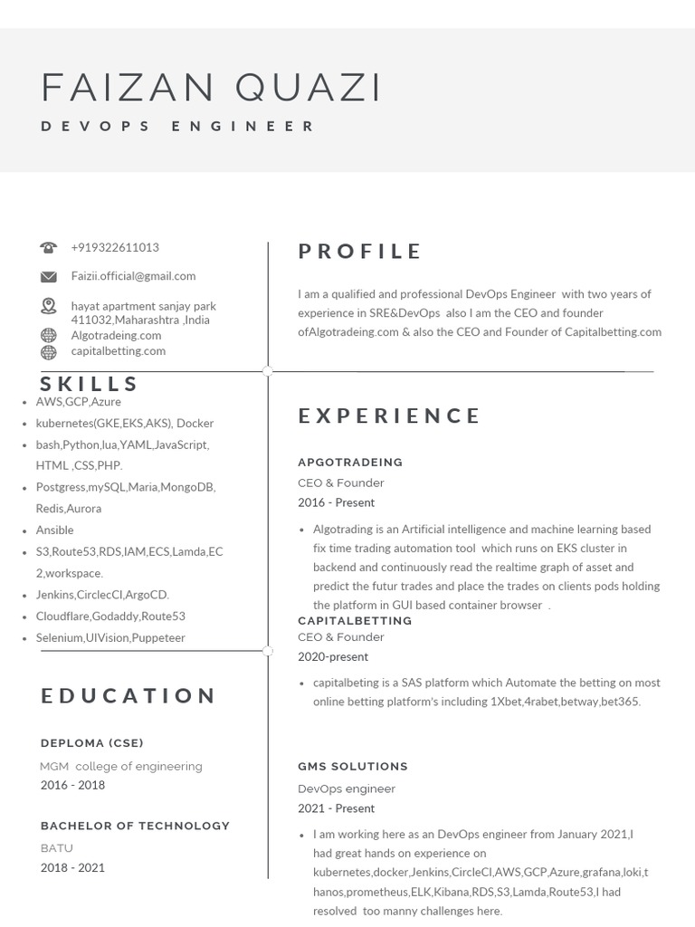 Resume of Faizan Quazi, DevOps Engineer with Experience in SRE, DevOps ...