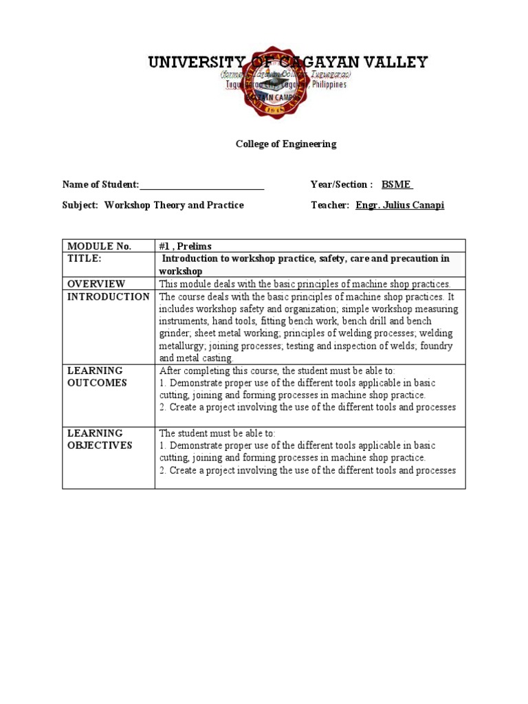 Module 1. Prelims Workshop Theory and Practice 1A | PDF | Machining | Machines