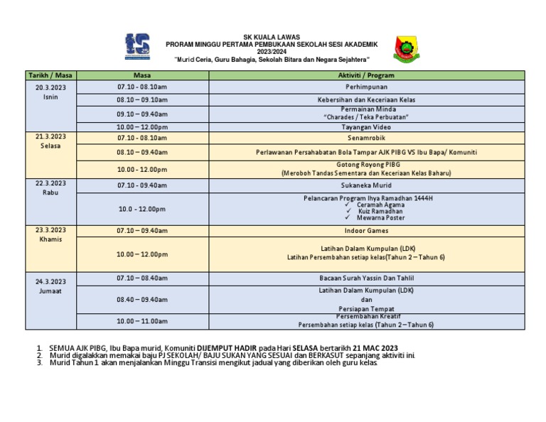 Jadual Program Minggu Pertama (Murid) | PDF