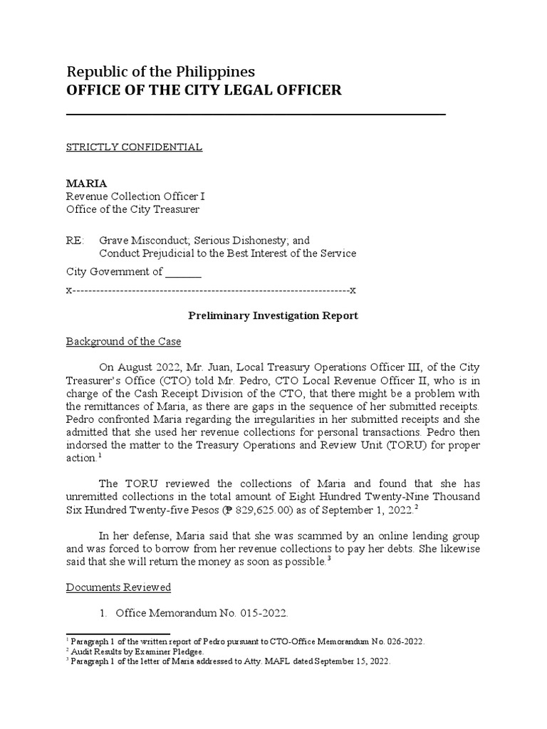 Sample of Preliminary Investigation Report | PDF | Dishonesty ...