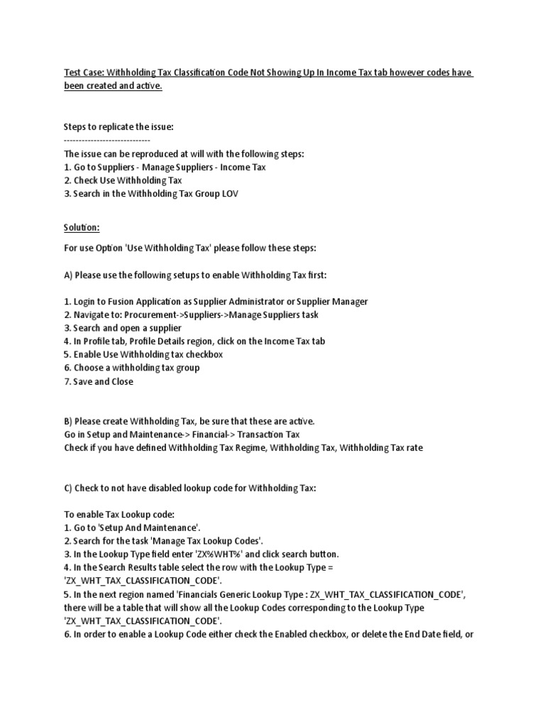 Withholding Tax Classification Setup Guide | PDF