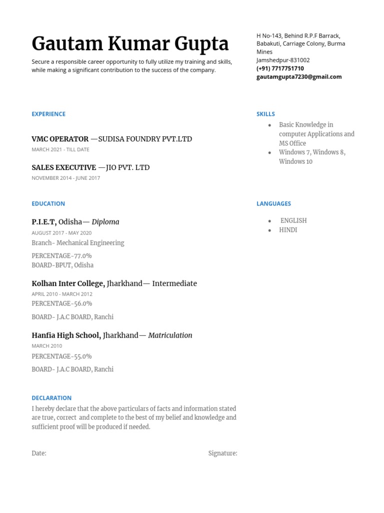 Gautam Kumar Gupta: VMC Operator - Sudisa Foundry PVT - LTD | PDF