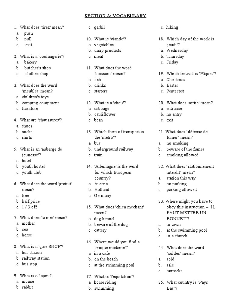 French MCQ Vocabulary and Grammar Test | PDF