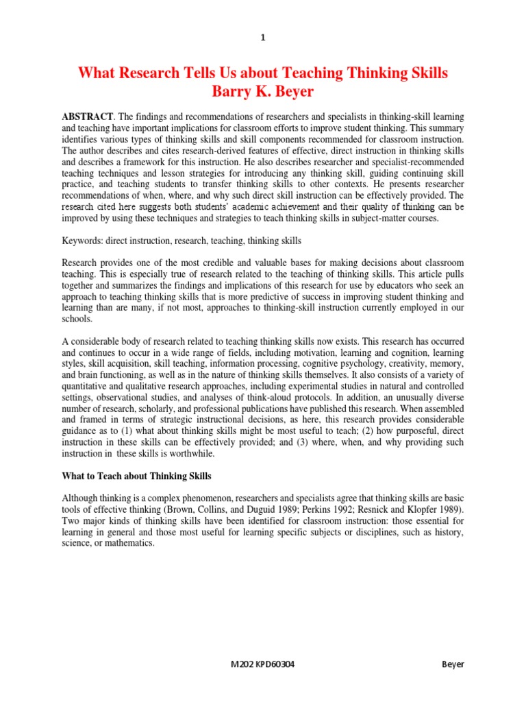 #105 TT1 Beyer What Research Tells About Teaching Thinking Skills PDF ...
