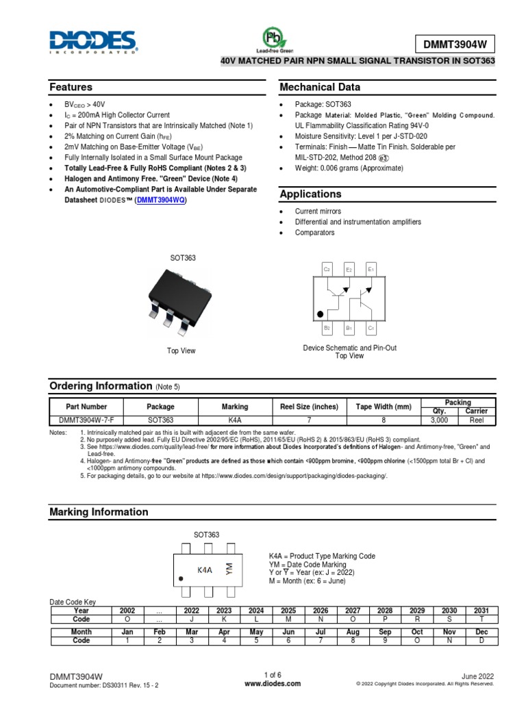 DMMT3904W: 40V Matched Pair NPN Small Signal Transistor in Sot363 | PDF ...