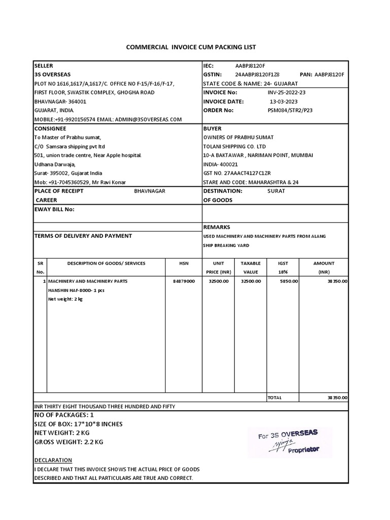 Inv 25-2022-23 Tax Invoice Prabhu Sumat | PDF