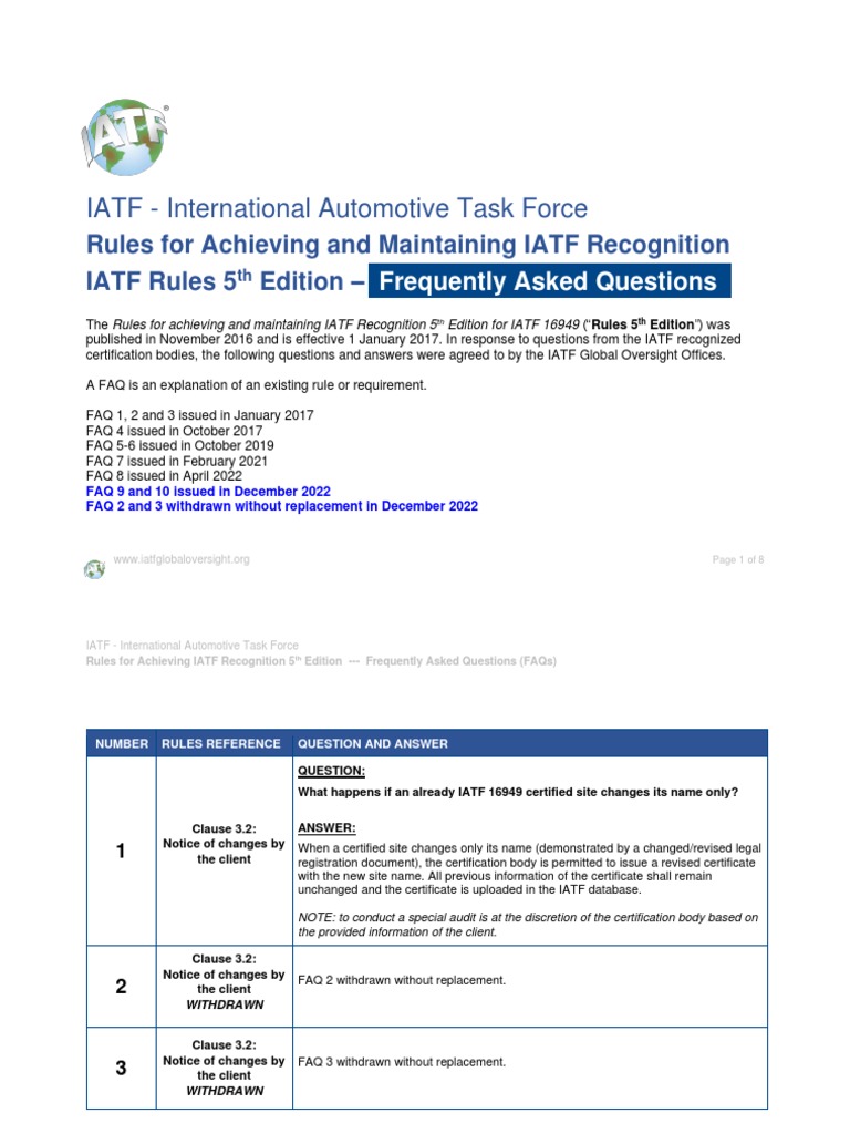 IATF 16949 Recognition Rules FAQs | PDF | Audit | Quality Management System