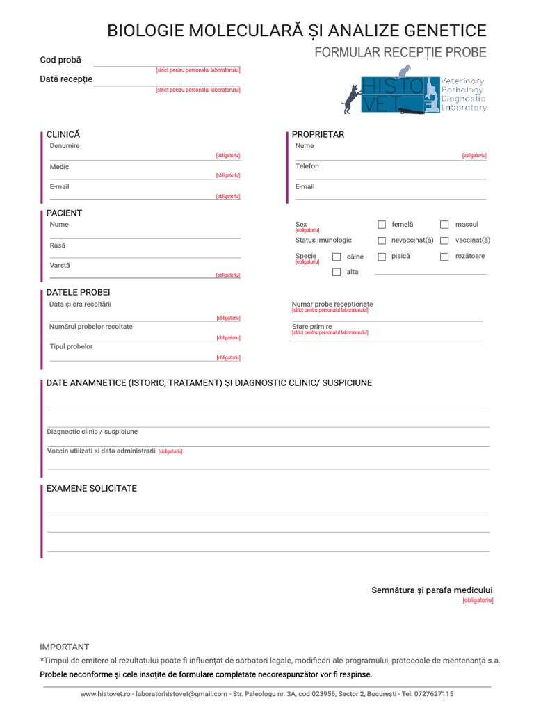 Formular Receptie Probe - BIOLOGIE MOLECULARA | PDF