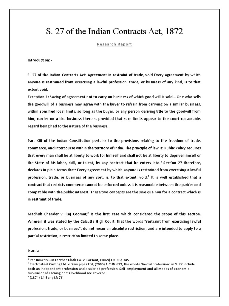 S. 27 of The Indian Contracts Act - Agreement in Restraint of Trade Void | PDF | Restraint Of ...