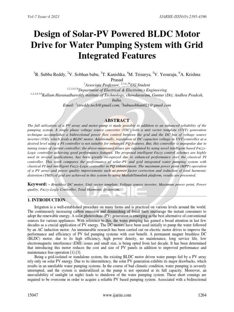Design of Solar PV Powered BLDC Motor Drive For Water Pumping System With Grid Integrated ...