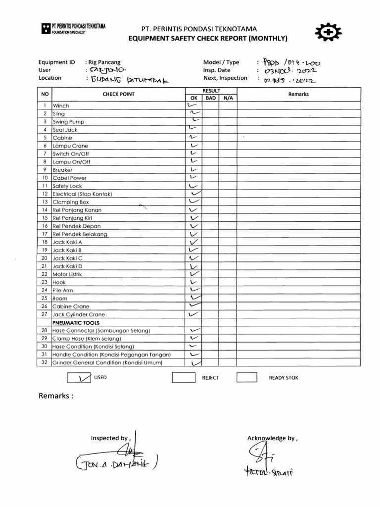 Inspeksi Alat (Rig Pancang).pdf | PDF | Crane (Machine) | Machines