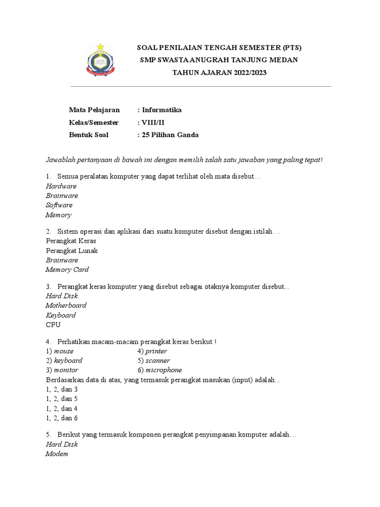 Soal PTS Informatika Kelas VIII | PDF