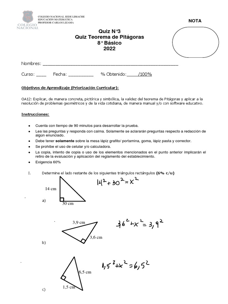 Quiz Teorema de Pitágoras Guía | PDF | Matemáticas