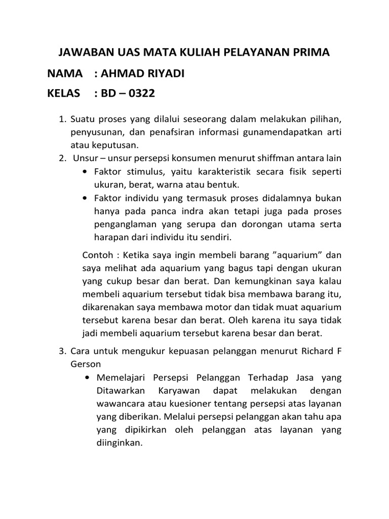 Ahmad Riyadi - Uas Mata Kuliah Pelayanan Prima - BD - 0322 | PDF