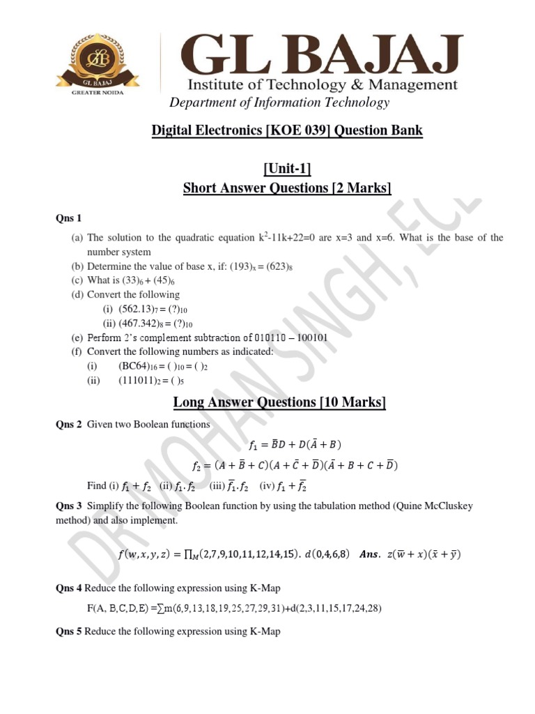 DE - KOE 039 - Question Bank | PDF | Logic Gate | Electrical Circuits