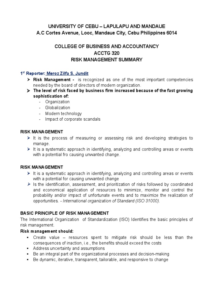 Acctg 320 Risk Management Summary | PDF | Risk Management | Risk