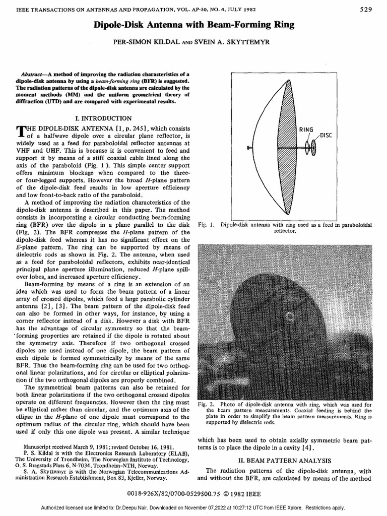 Dipole-Disk Antenna With Beam-Forming Ring | PDF | Antenna (Radio ...