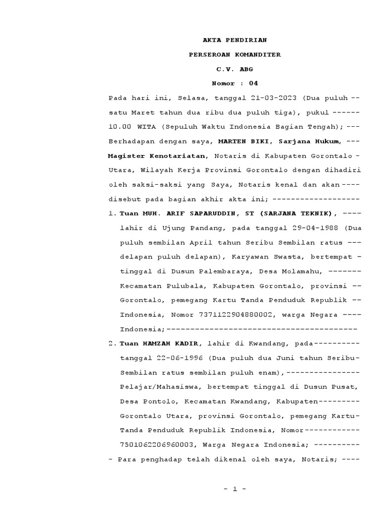 Akta Pendirian C.V. ABG di Gorontalo | PDF | Bisnis | Teknologi & Rekayasa