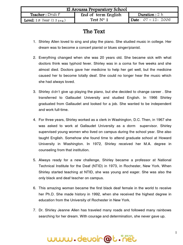 Devoir de Synthèse N°1 - Anglais - 1ère AS (2007-2008) Mr Dridi Fawzy (4).pdf | PDF | Deafness ...
