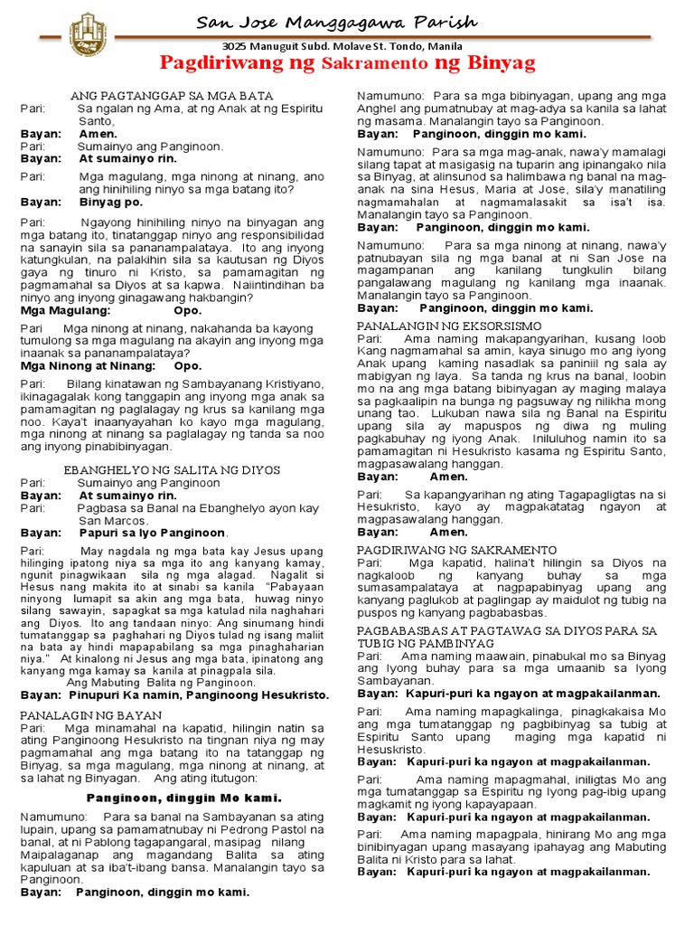 BINYAG DRAFT Adapted For San Jose Manggagawa by FR NIlo1 | PDF