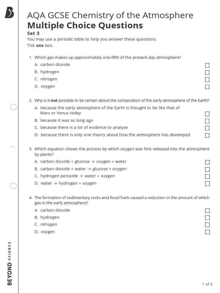 AQA GCSE Chemistry of The Atmosphere Multiple Choice Questions Set 3 ...