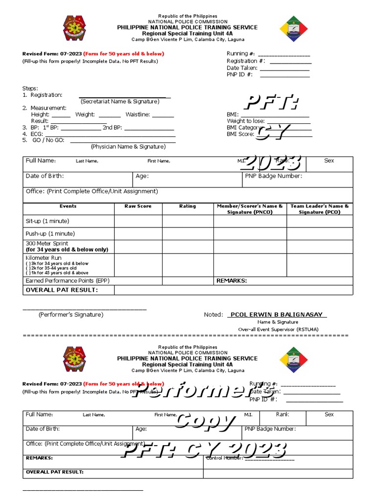 PFT Form 2023 50 Yrs Old Below | PDF | Law Enforcement | Crime & Violence