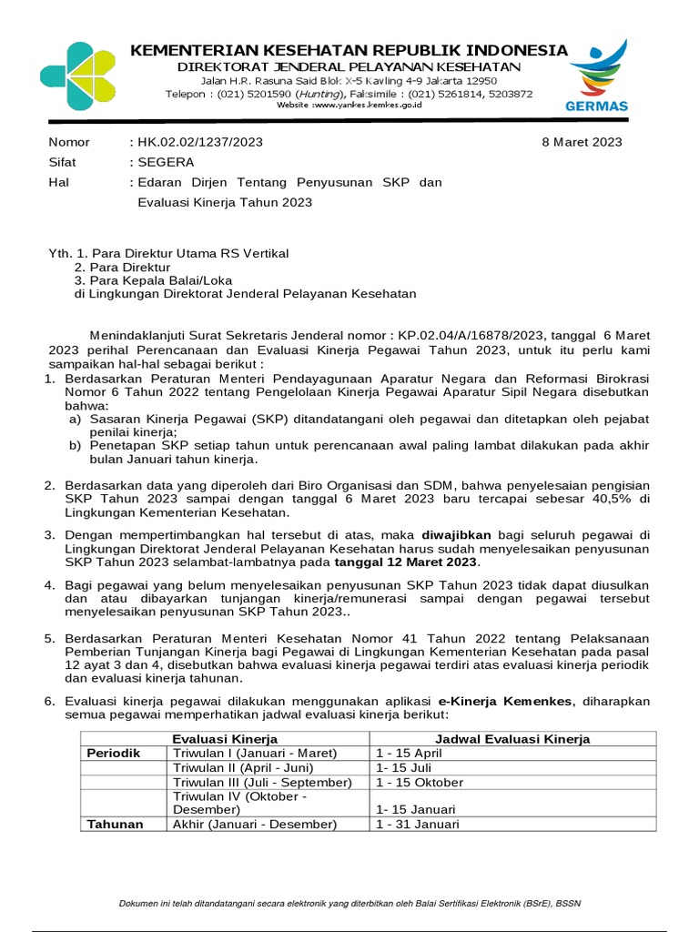 EDARAN DIRJEN TENTANG PENYUSUNAN SKP Dan EVALUASI KINERJA THN 2023 | PDF