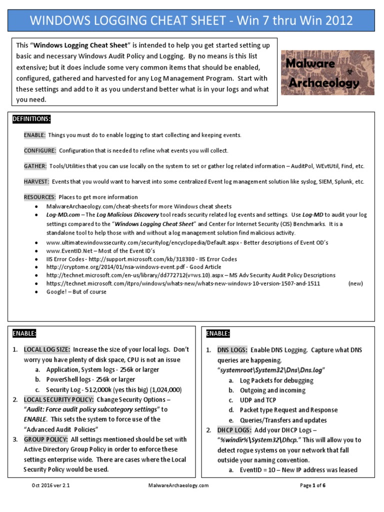 Windows Logging Cheat Sheet 1677127113 | PDF | Windows Registry ... Windows Logging Cheat Sheet 1677127113 | PDF | Windows Registry ...