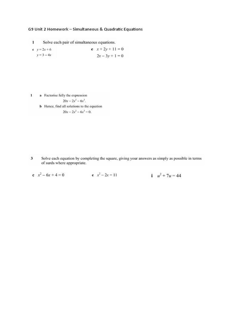 G9 Unit 2 Homework - Simultaneous & Quadratic Equations | PDF