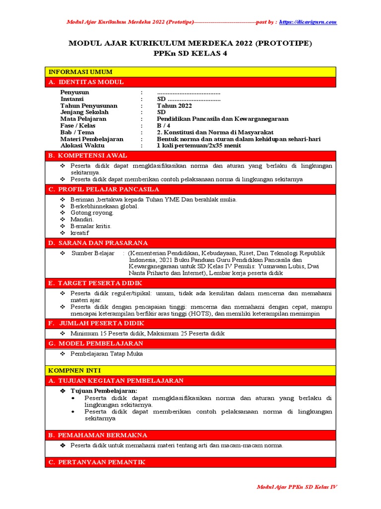 Modul Ajar PPKn SD Kelas IV tentang Bentuk Norma dan Aturan dalam Kehidupan Sehari-hari | PDF
