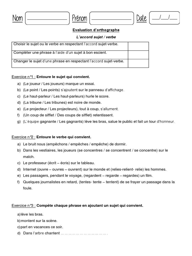 Accord Sujet-Verbe : Exercices et Évaluation | PDF | Méthodes et ...