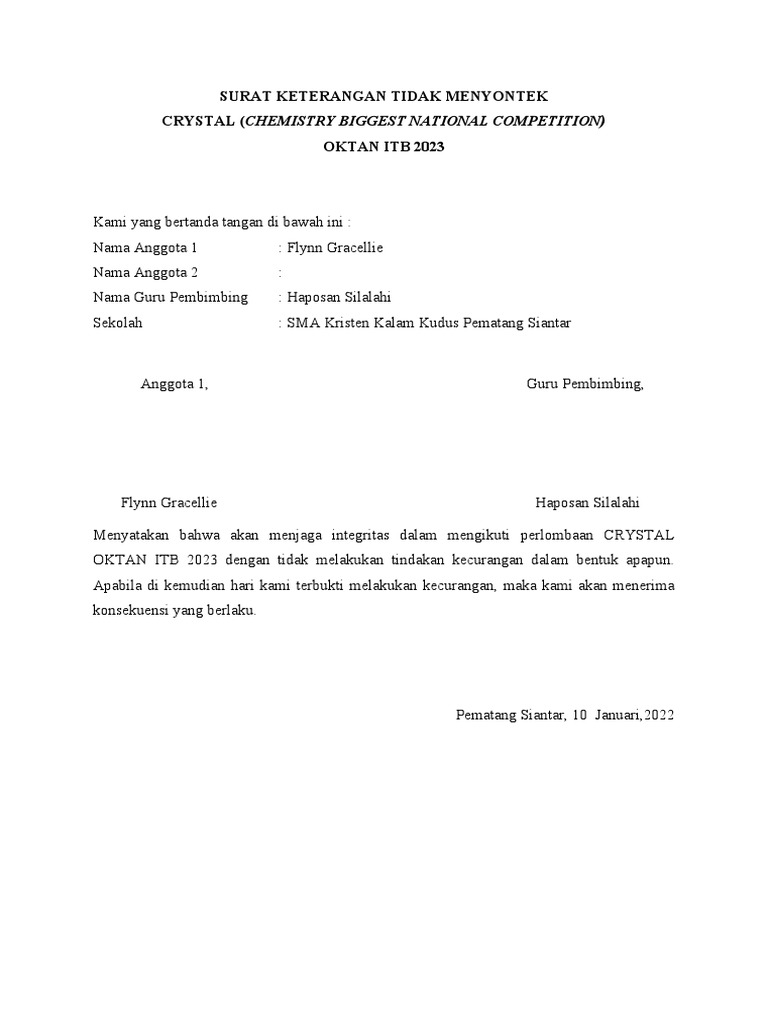 Surat Pernyataan Tidak Menyontek | PDF