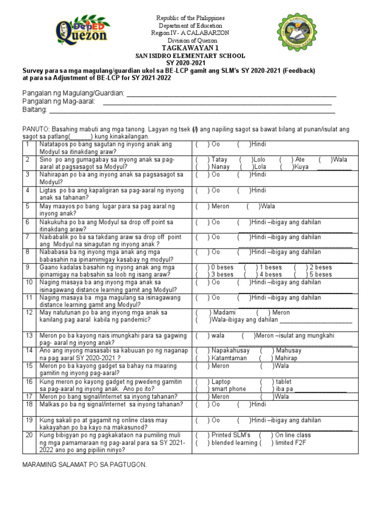 Survey Sa Parents BE LCP | PDF