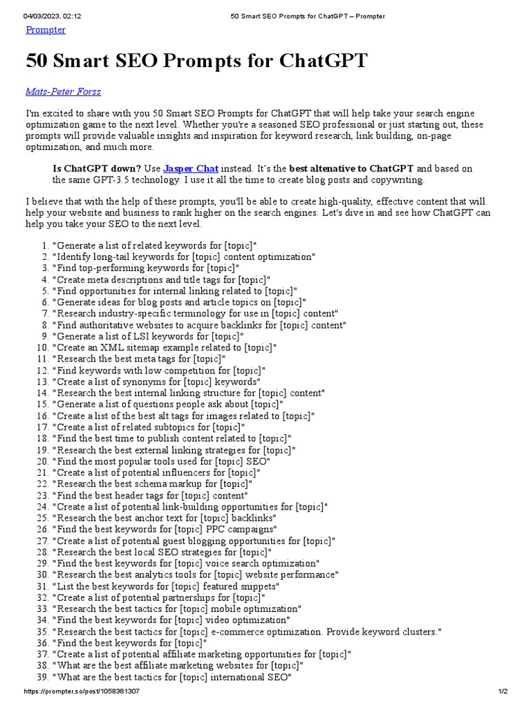 50 SEO Prompts for ChatGPT Users | PDF | Search Engine Optimization ...