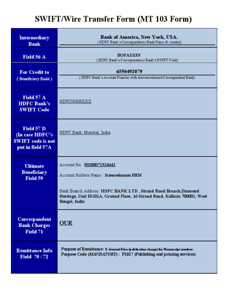 SWIFT Format - MT 103 Inward Remittance HRM | PDF