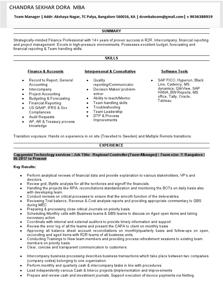 MBA Finance & Accounts With 14 Years of Experiance - Chandra Sekhar ...
