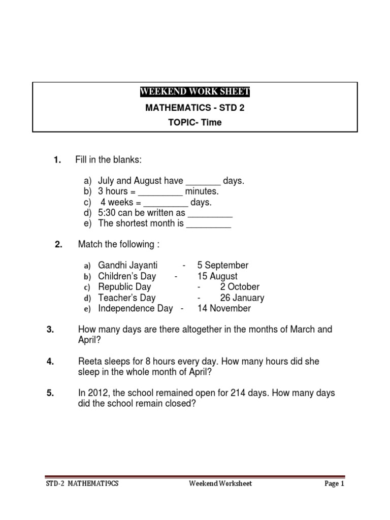 CBSE Class 2 Maths Practice Worksheets (157) - Time | PDF