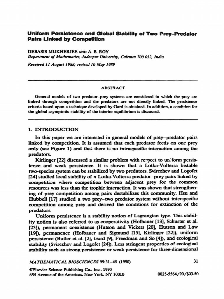 (B) Uniform Persistence and Global Stability of Two Prey-Predator Pairs ... (B) Uniform Persistence and Global Stability of Two Prey-Predator Pairs ...