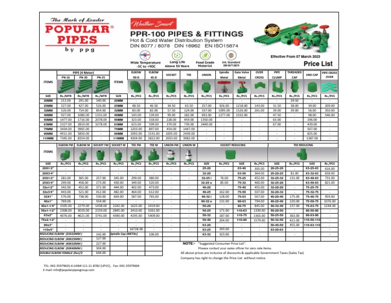 PPR Pipe and Fittings Price List | PDF | Taxes | Mechanical Engineering