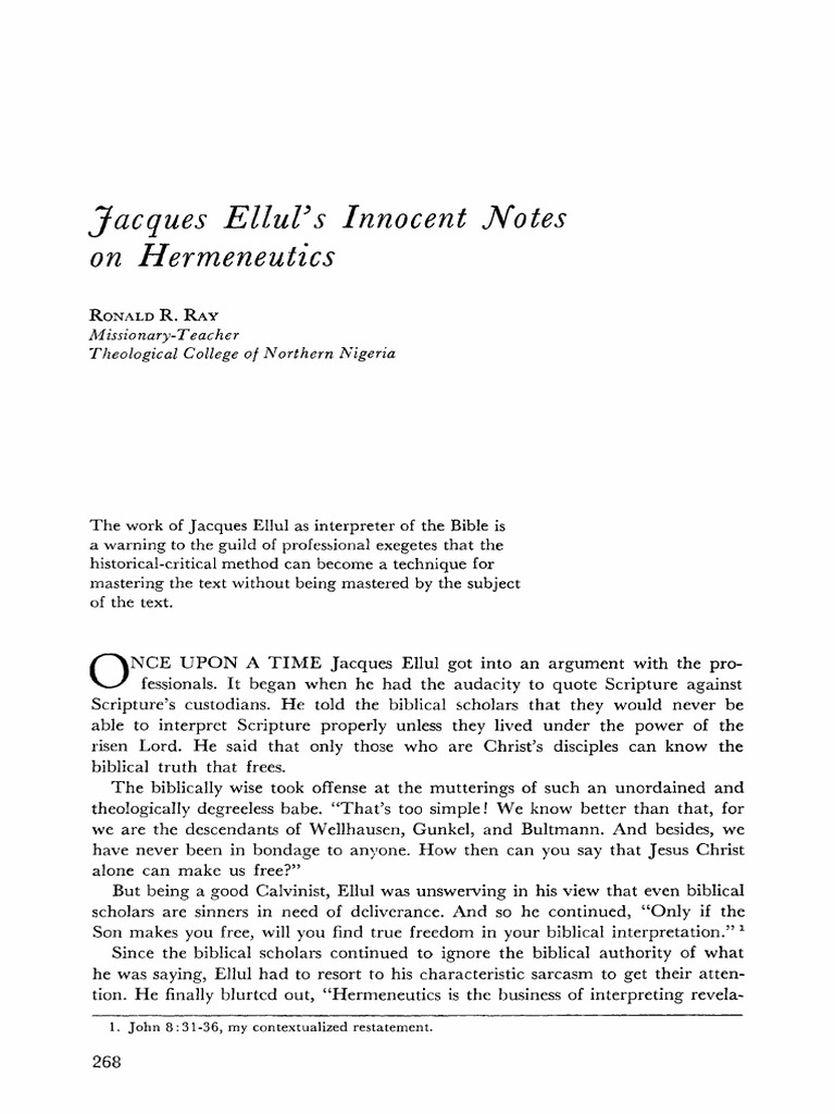 Jacques Ellul Innocent Notes On Hermeneutics | PDF | Bible | Karl Barth
