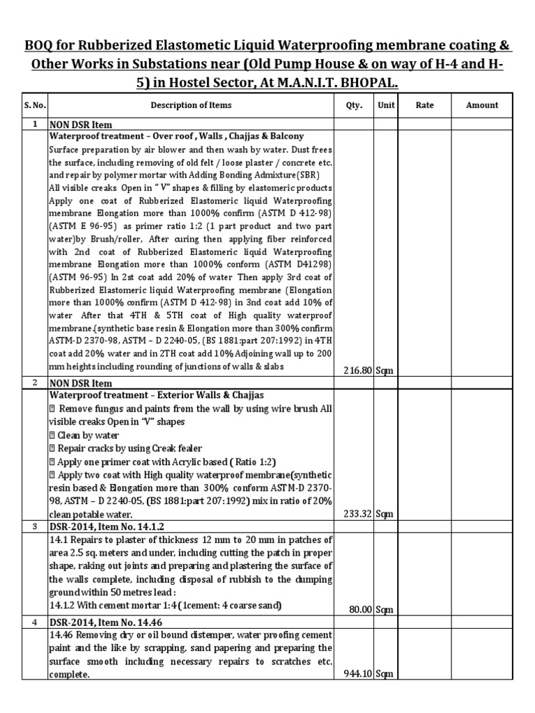 06 BOQ for Rubberized Elastometic Liquid Waterproofing membrane coating ...