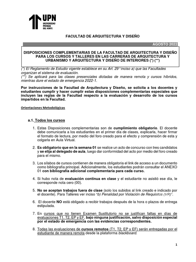 Disposiciones complementarias de la FAD 2022-2 | PDF | Evaluación | Diseño